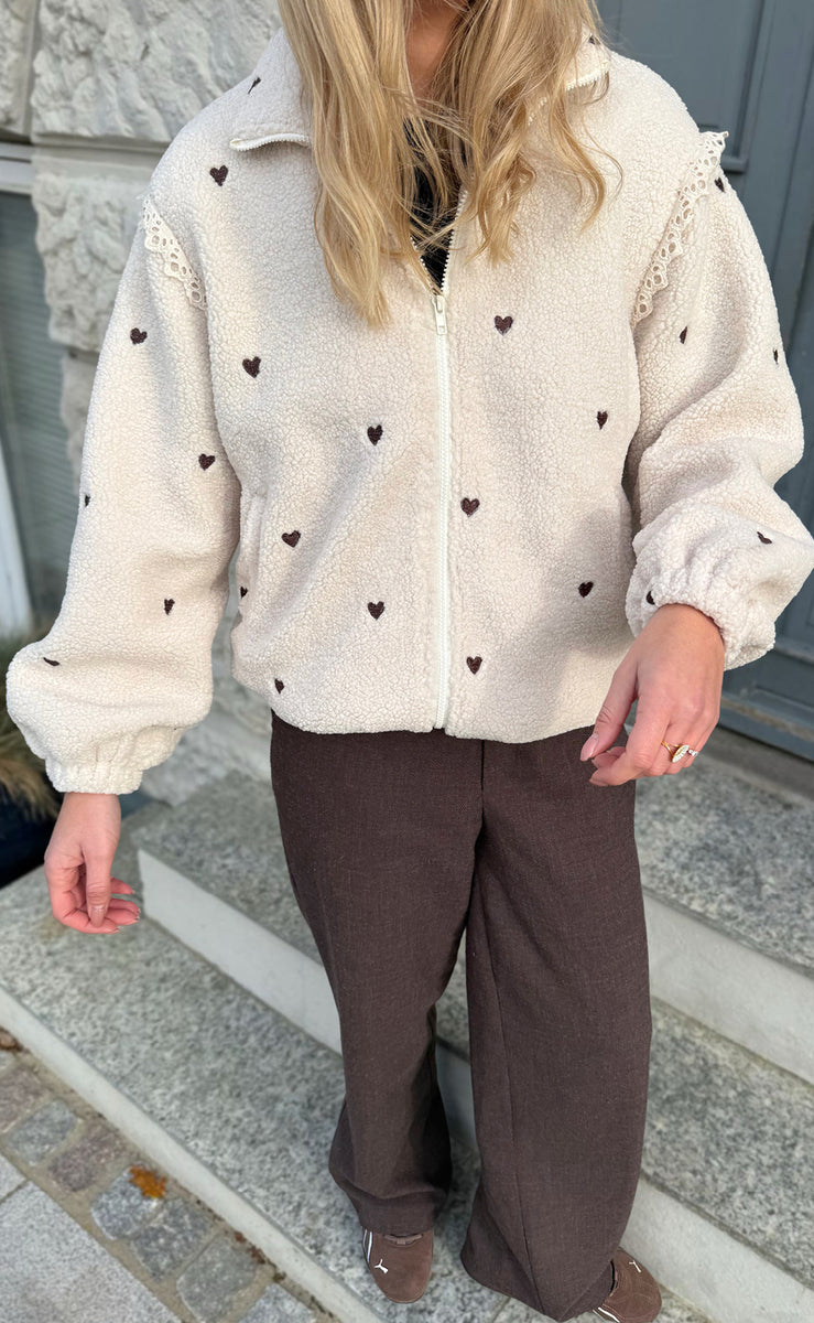 Say INA Copenhagen Fleece Jakke - Fia - Beige W. Brown Embroidery ...
