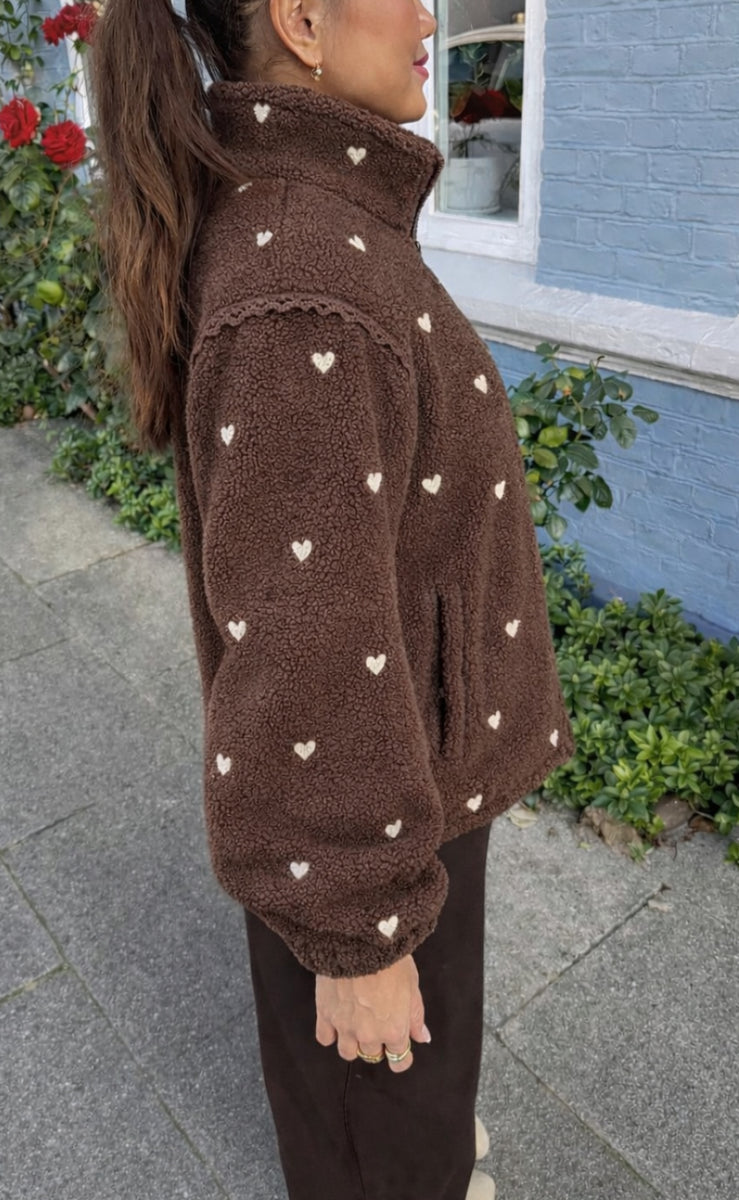 Say INA Copenhagen Fleece Jakke - Fia - Dark Brown W. Beige Embroidery ...